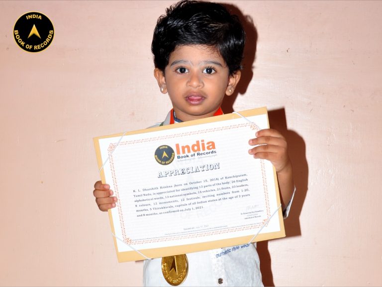 K. L. Dharshith Krishna - Appreciation - India Book of Records