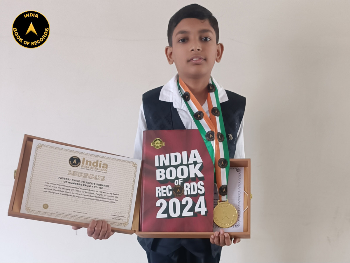 Fastest child to recite squares of numbers from 1 to 100 - India Book ...